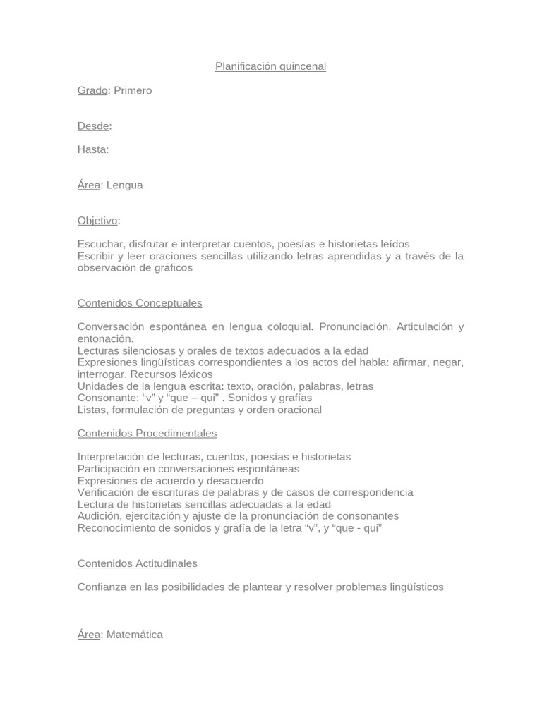 Planificación Quincenal PRIMER GRADO | PDF | Escritura | Sustracción