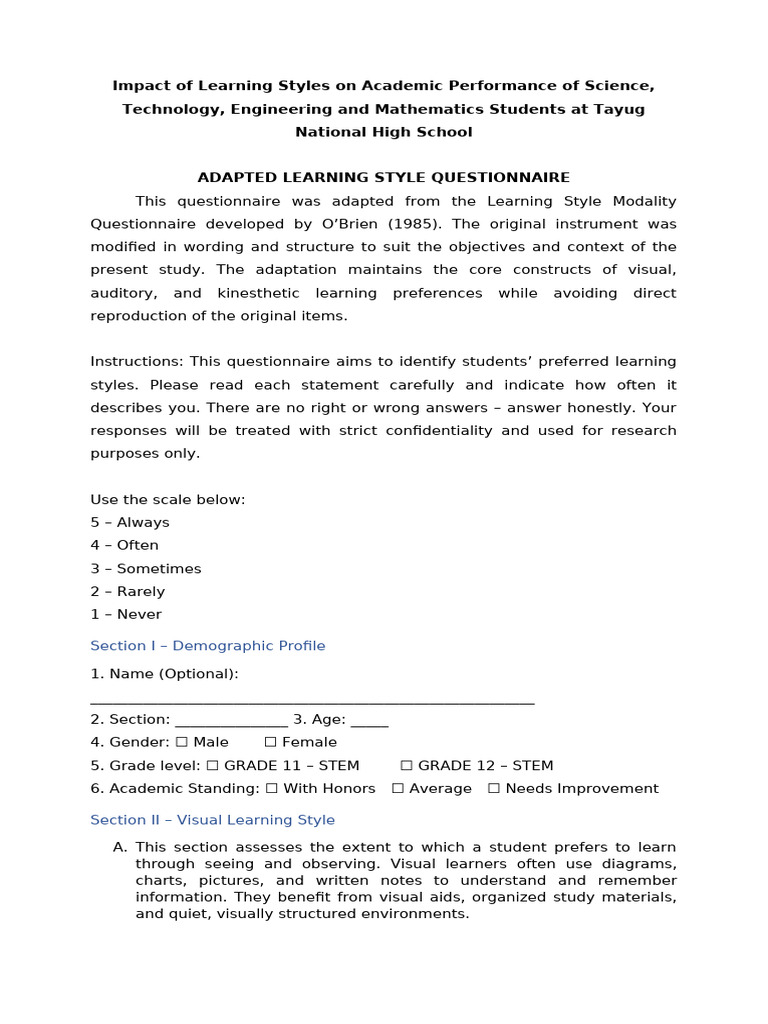 Learning Style Questionnaire | PDF | Learning Styles | Learning