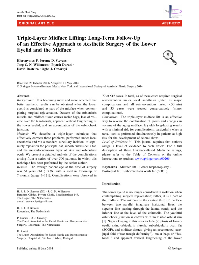 Triple-Layer Midface Lifting Long-Term Follow-Up of an Effective ...