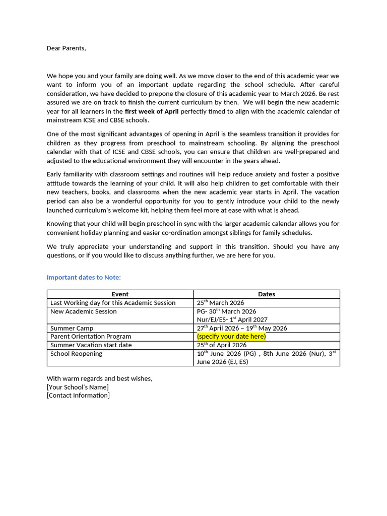 EK Parent Announcement For Early Start April 2026-1 | PDF | Behavior ...