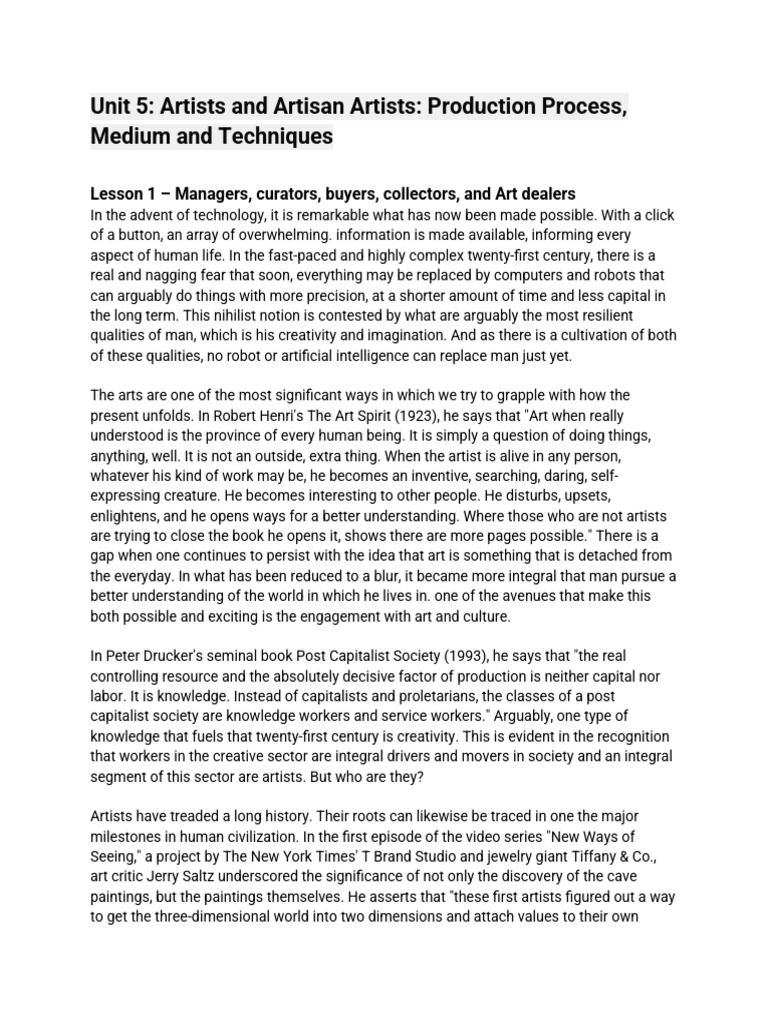 Unit 5 - Artists and Artisan Artists - Production Process, Medium and ...