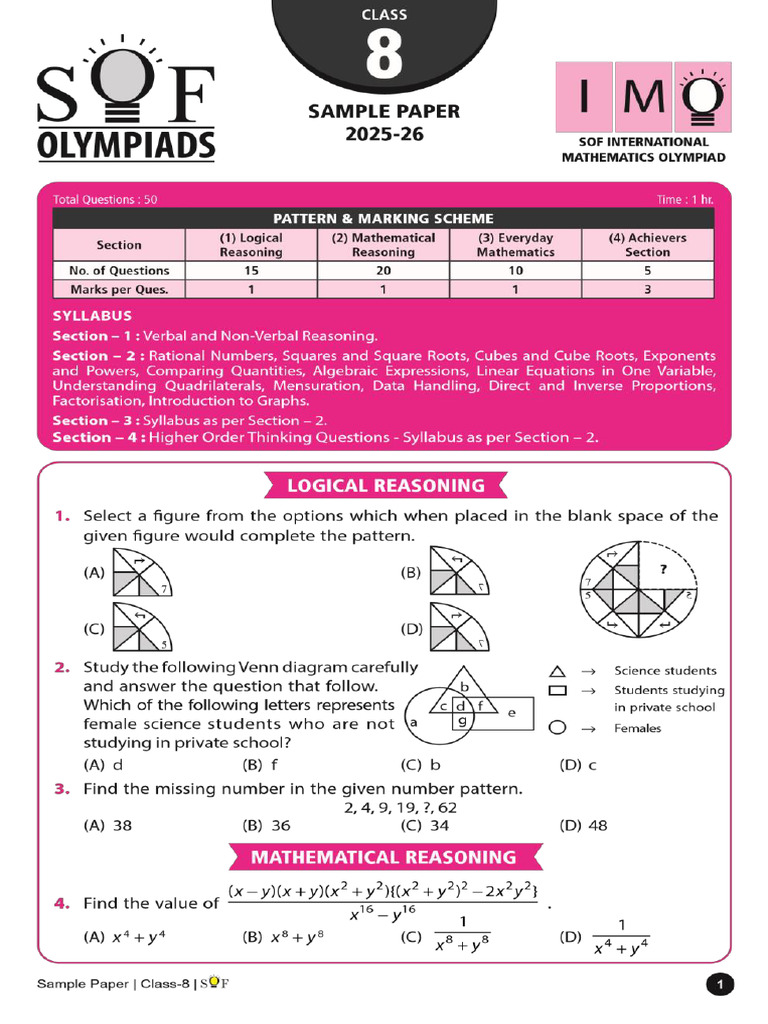 Imo Sample Paper Class-8 2025-26 | PDF | Chess Theory | Chess