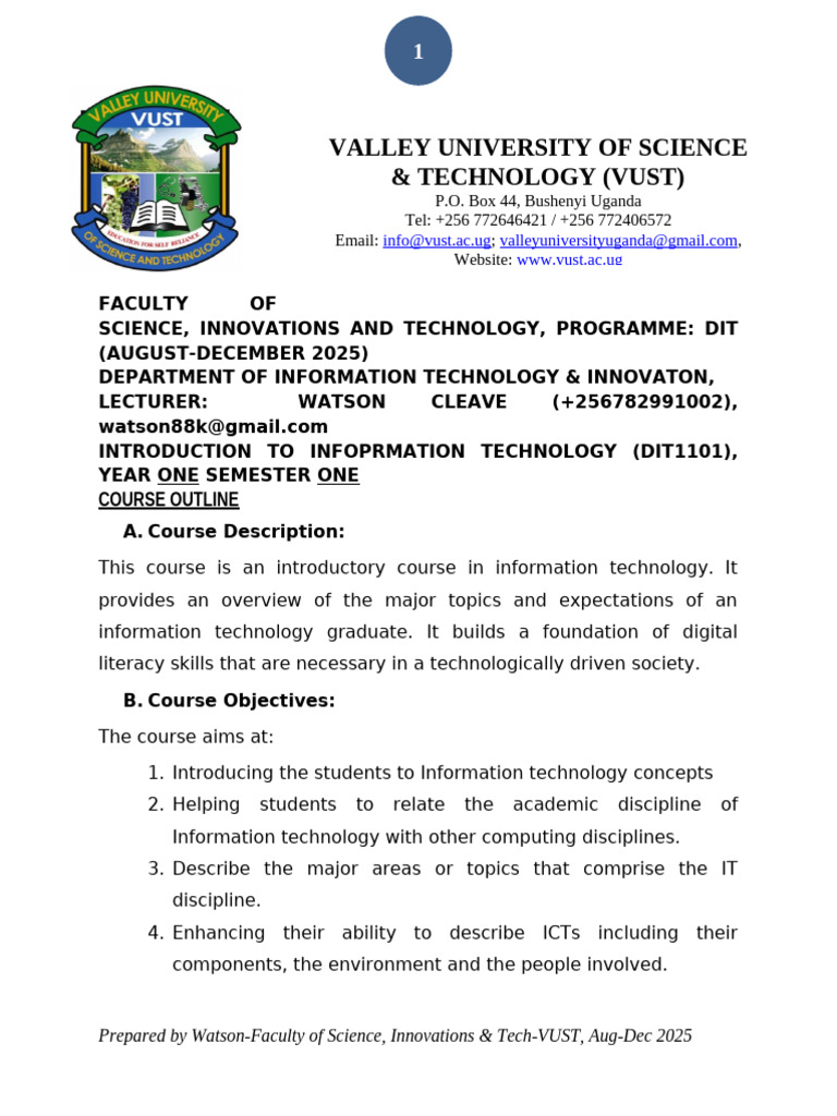 Introduction To It-Vust Coursoutline Aug-Dec 2025 | PDF | Information ...