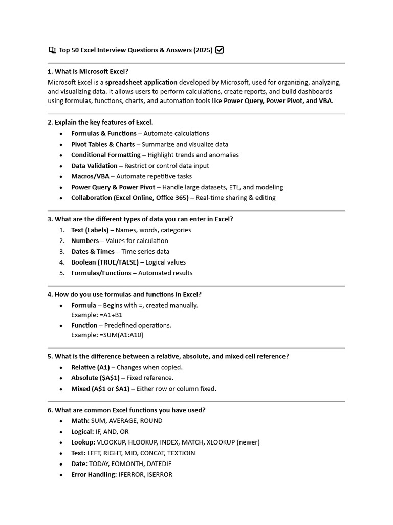 ? Top 50 Excel Interview Questions | PDF | Microsoft Excel | Computing