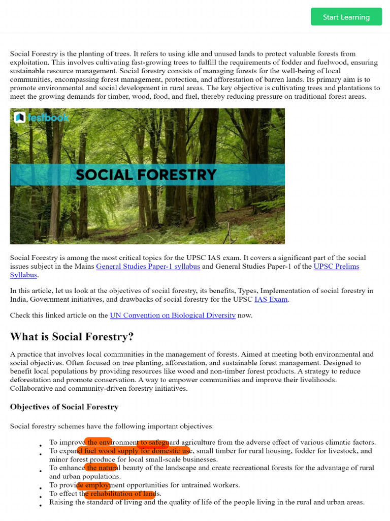 Social Forestry - Objectives, Types, Benefits & Drawbacks - UPSC | PDF