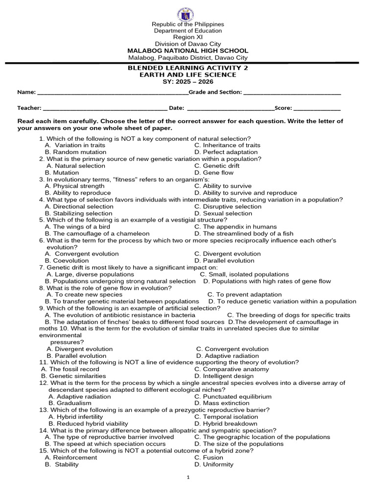 Earth and Life Science - Blended Learning Activity 2 | PDF | Evolution ...