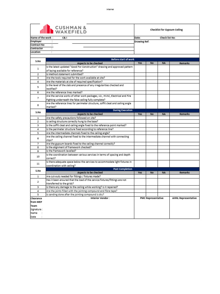 Check List for Gypsum Ceiling | PDF