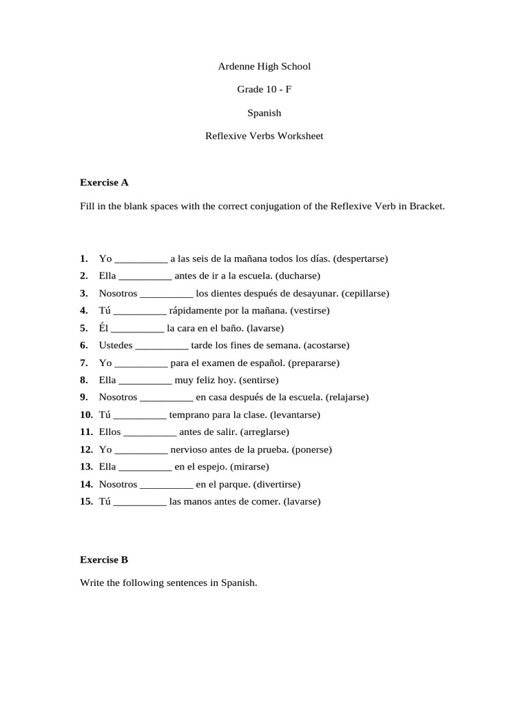 Reflexive Verb Worksheet - Grade Ten | PDF