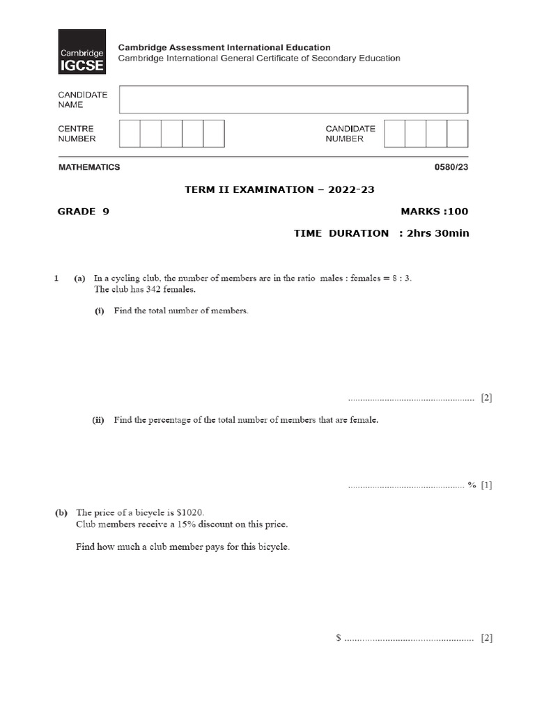 Grade 9 Math Term II Examination | PDF