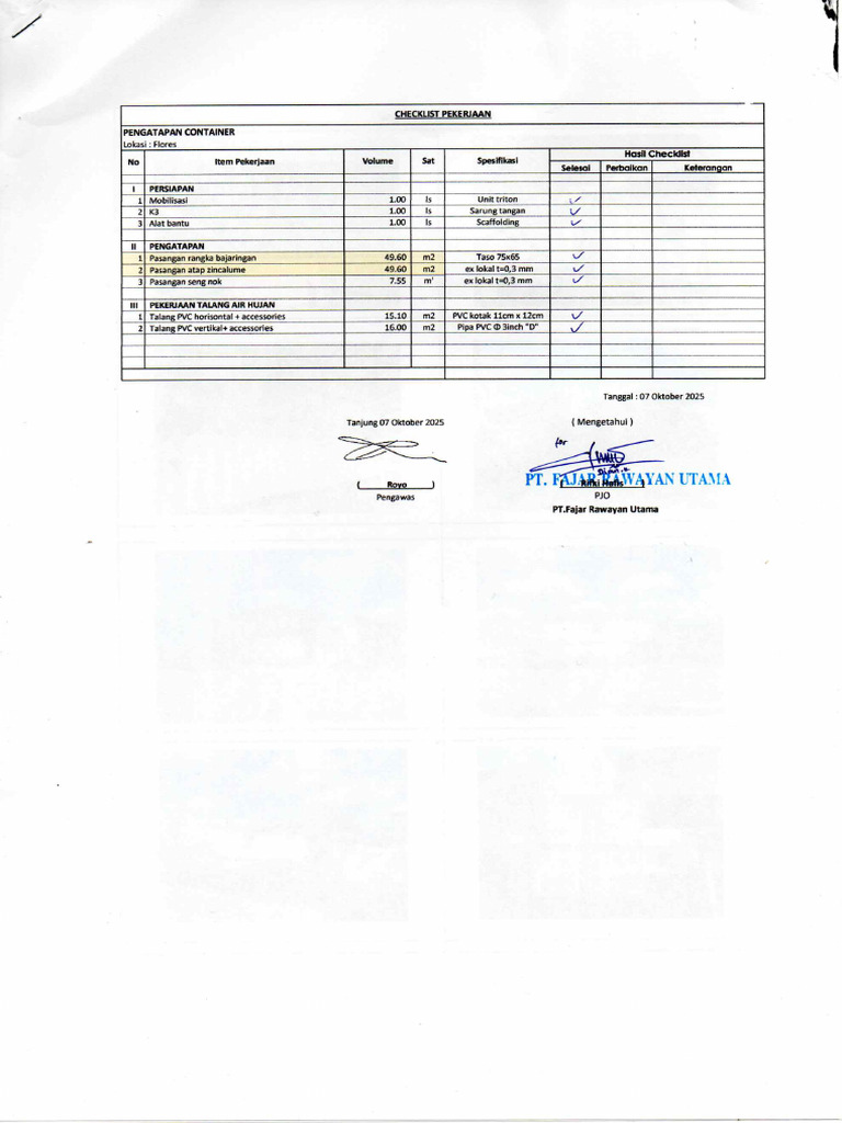 Check List Pemasangan Atap FRU | PDF