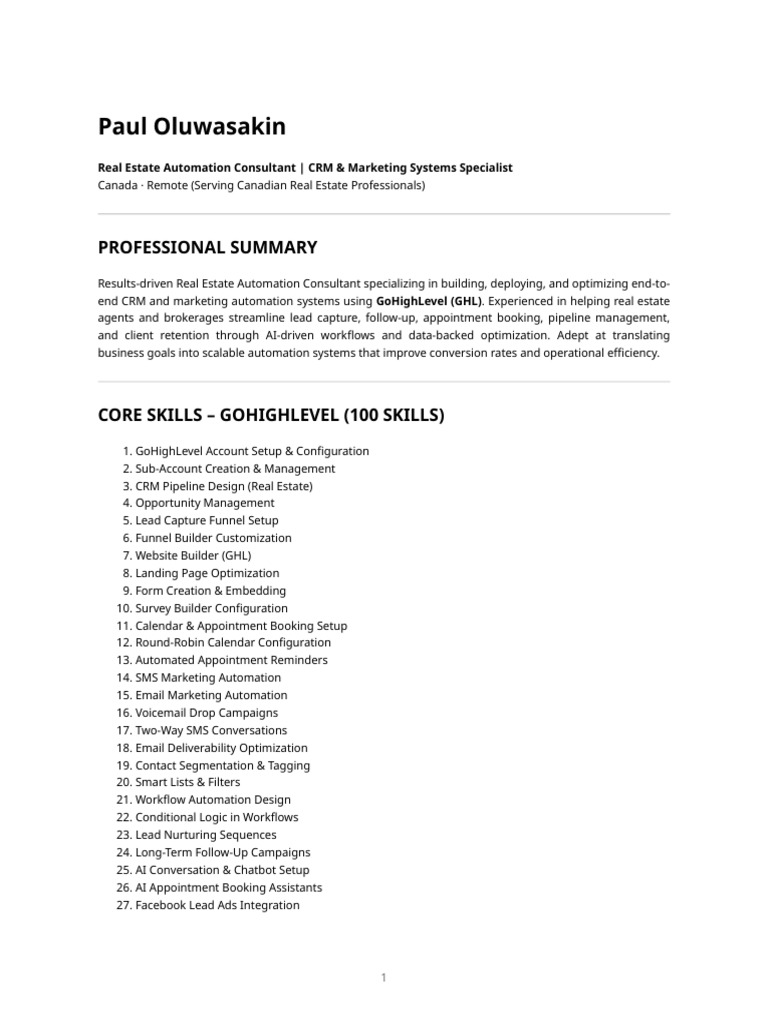 Sample Resume - Real Estate Automation Consultant (Go High Level) | PDF ...