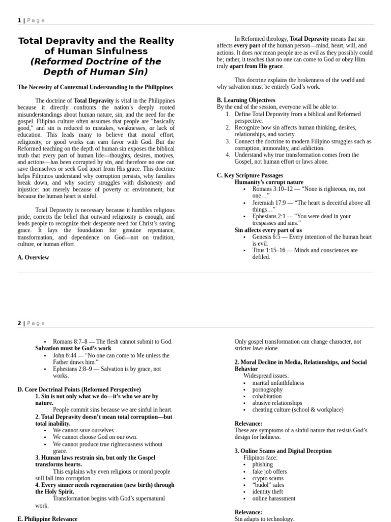 Reformed Doctrine of The Depth of Human Sin | PDF | Sin | Grace In ...