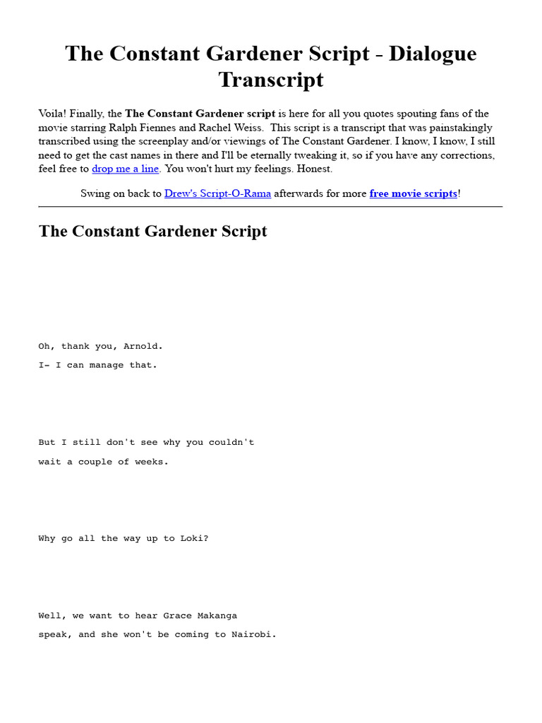 The Constant Gardener Script - Transcript From The Screenplay And-Or ...