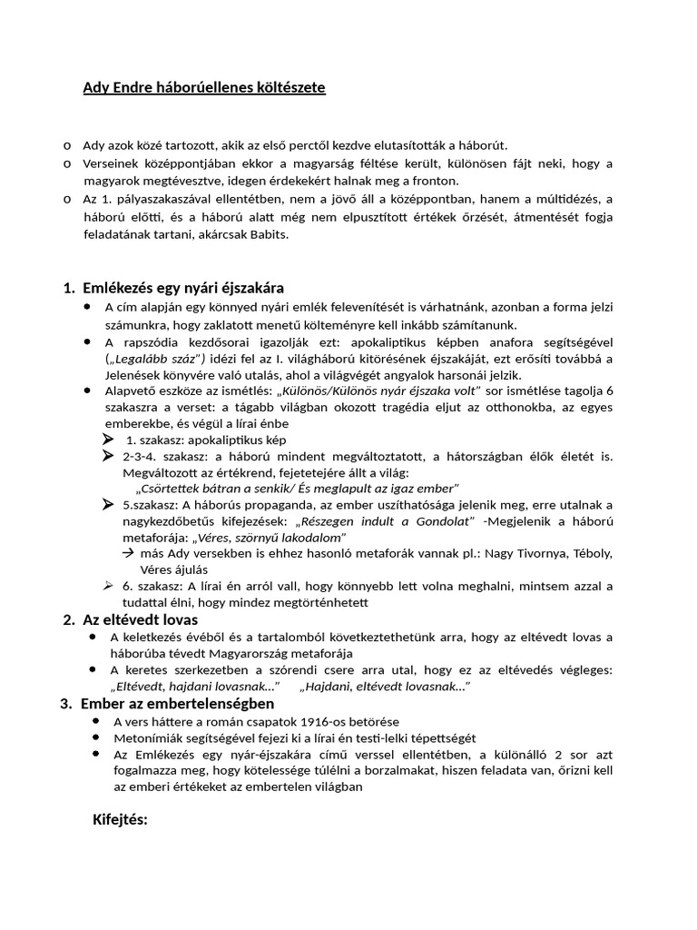 Ady Endre Háborúellenes Költészete | PDF