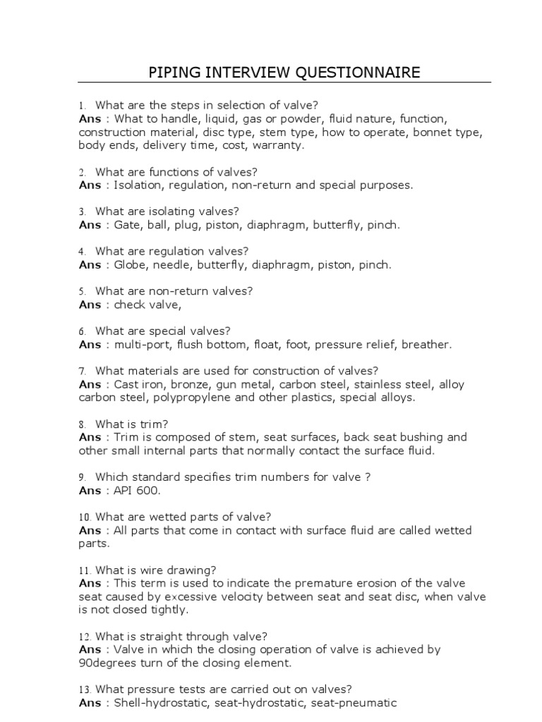 Piping Interview Question | PDF | Valve | Chemical Engineering
