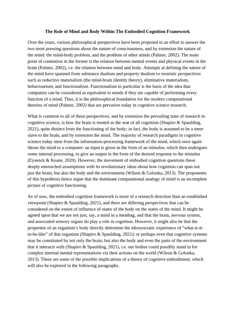 The Role of Mind and Body Within The Embodied Cognition Framework | PDF ...