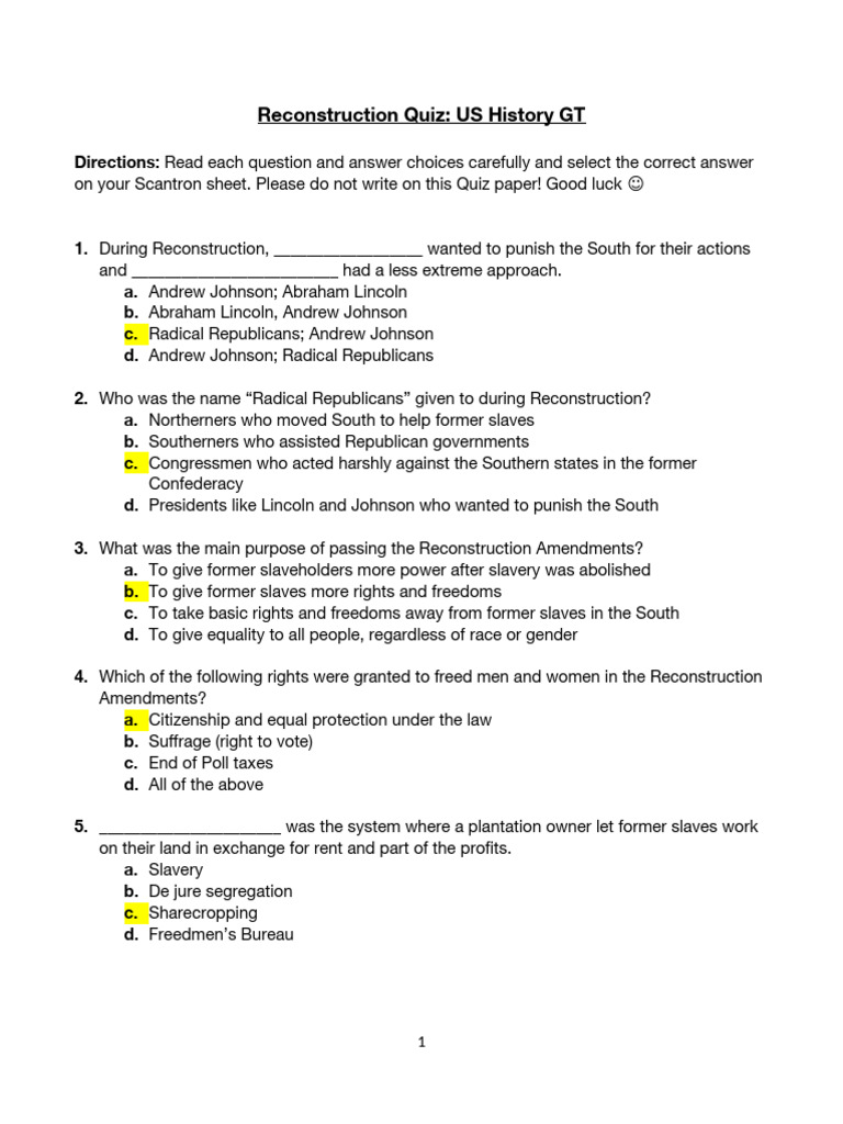 Quiz GT | PDF | Freedman | Reconstruction Era
