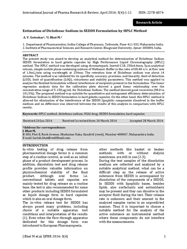 Estimation of Diclofenac Sodium in Sedds Formulation by Hplc Method ...