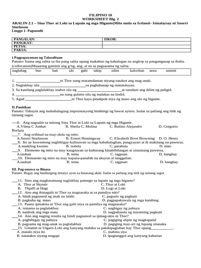Worksheet 1 Aralin 21 Sina Thor at Loki Sa Lupain Ng Mga Higante ...