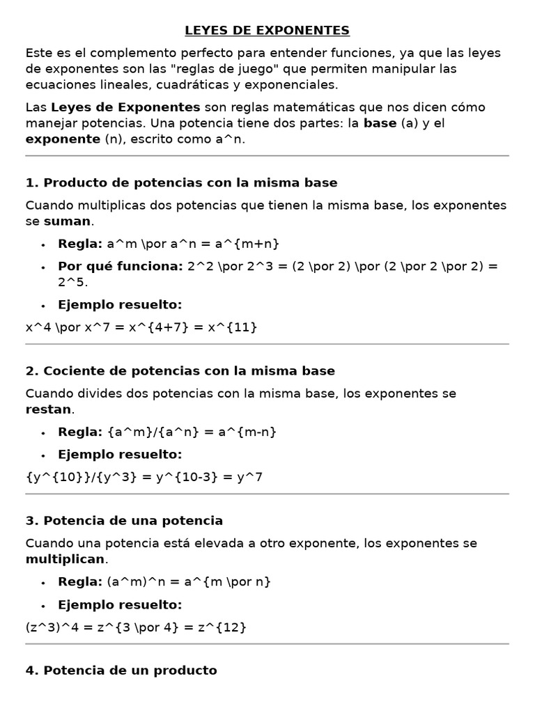 Leyes de Exponentes | PDF | Exponenciación | Logaritmo
