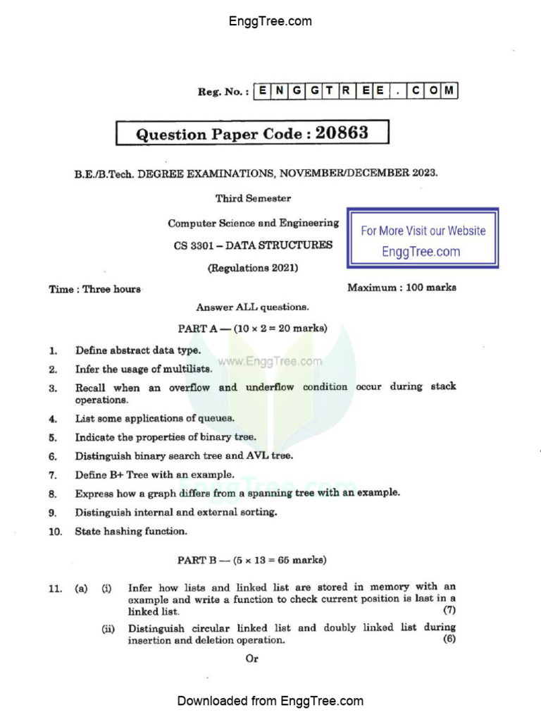 CS3301 Data Structures Nov Dec 2023 Question Paper Download | PDF