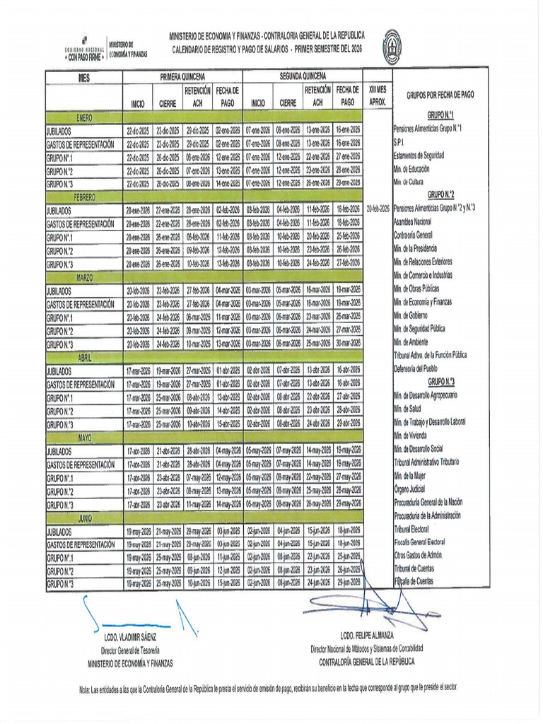 Calendario De Registro Y Pago De Salario Primer Semestre Del 2026 003 Pdf
