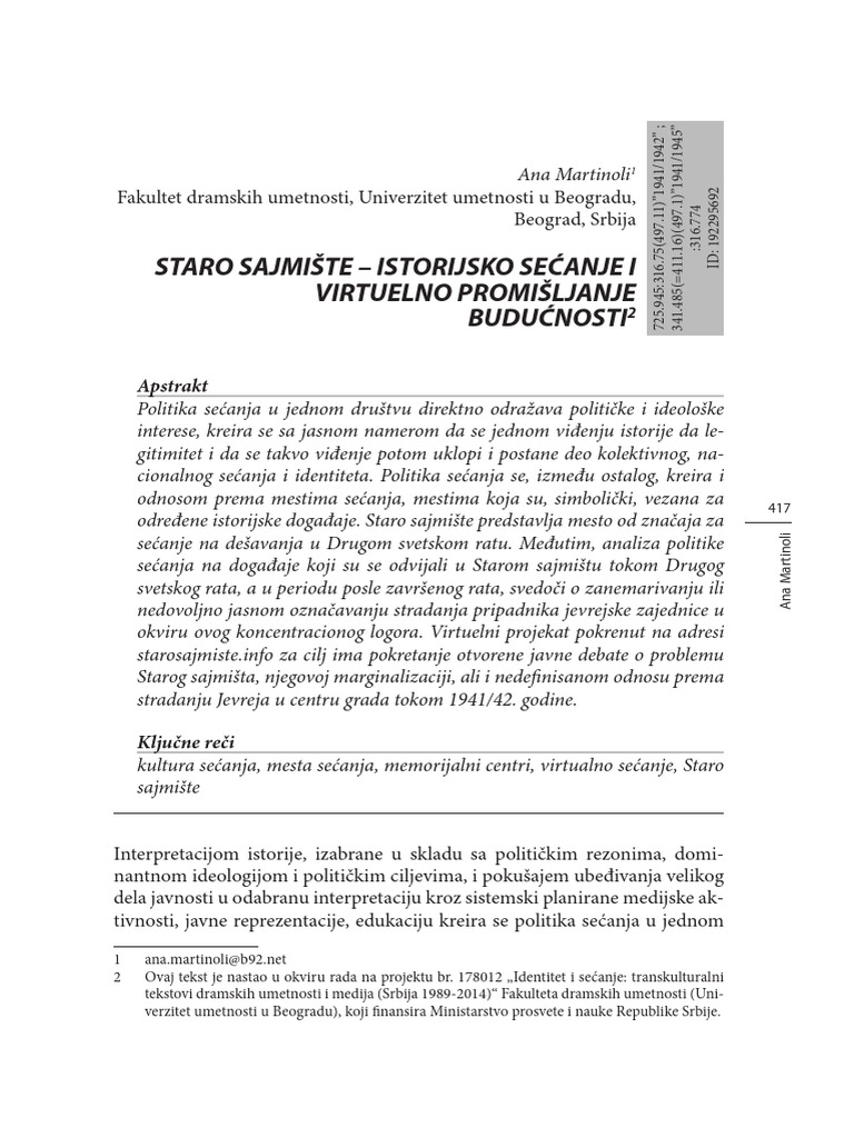 Ana Martinoli - Staro Sajmište - Istorijsko Sećanje I Virtuelno ...