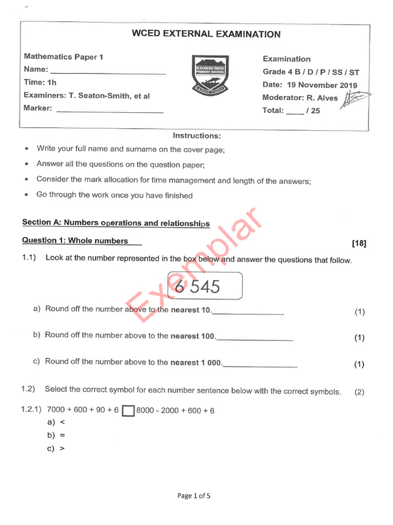 Grade 4 Mathematics Paper 1 November 2019 | PDF