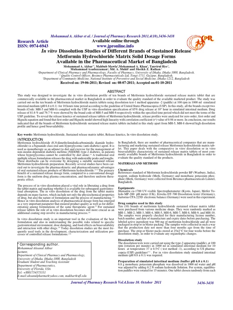 In Vitro Dissolution of Metformin Tablets | PDF | Pharmaceutical ...