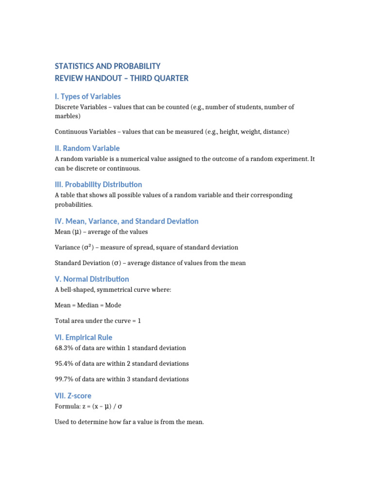 Statistics Probability Review Handout | PDF