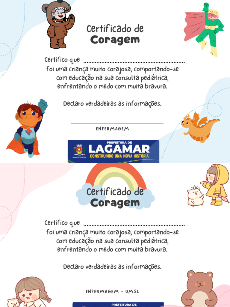Certificado de Coragem Médica Pediatra Colorido Fofo Infantil Rosa e ...