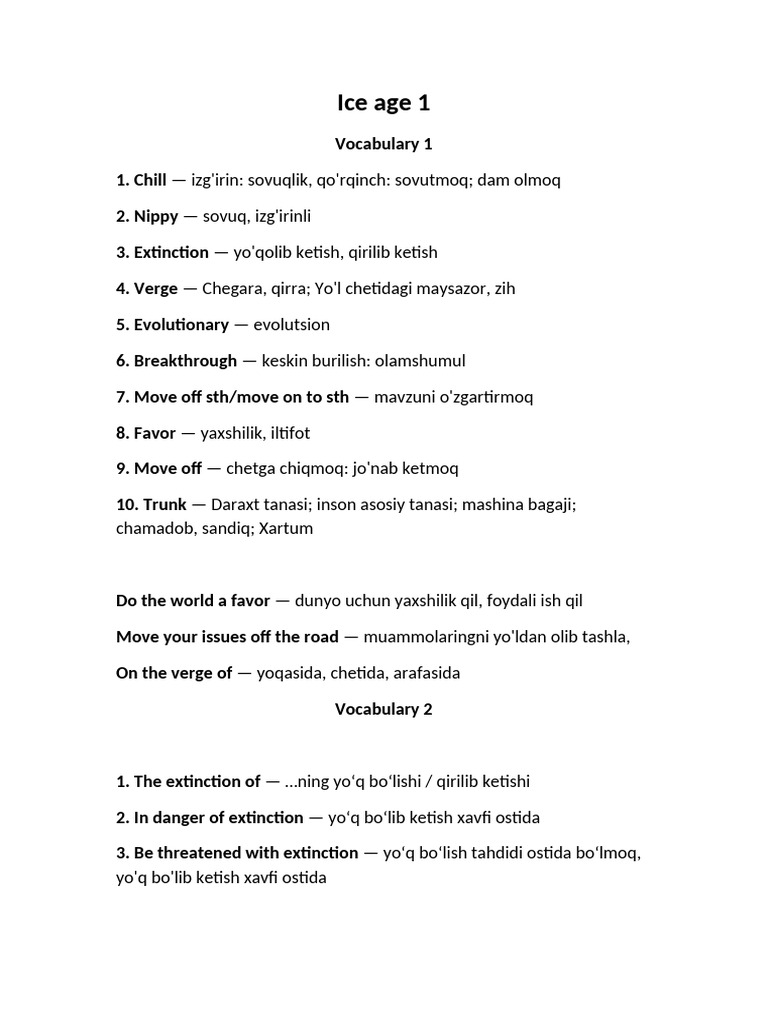 Ice Age 1 Vocabulary | PDF