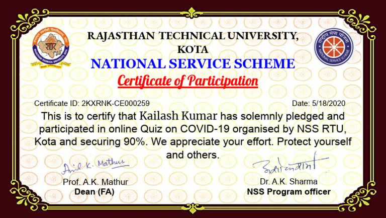 Certificate for Kailash Kumar for -NSS RTU Organises- -Covid -__. | PDF