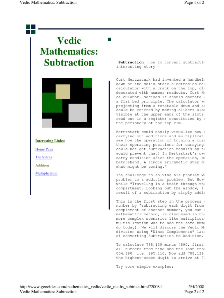 Vedic Mathematics: Subtraction | PDF | Subtraction | Calculator