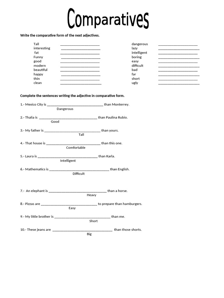 Comparison of Adjectives 10 - WORKSHEET | PDF