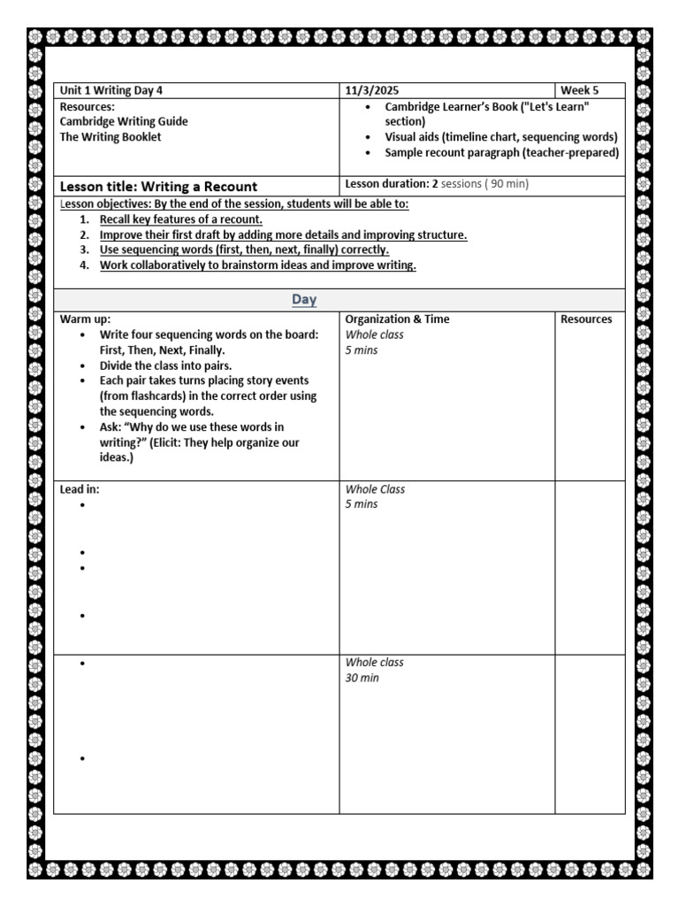 Writing Day 4 Lesson Plan | PDF | Behavior Modification | Cognitive Science