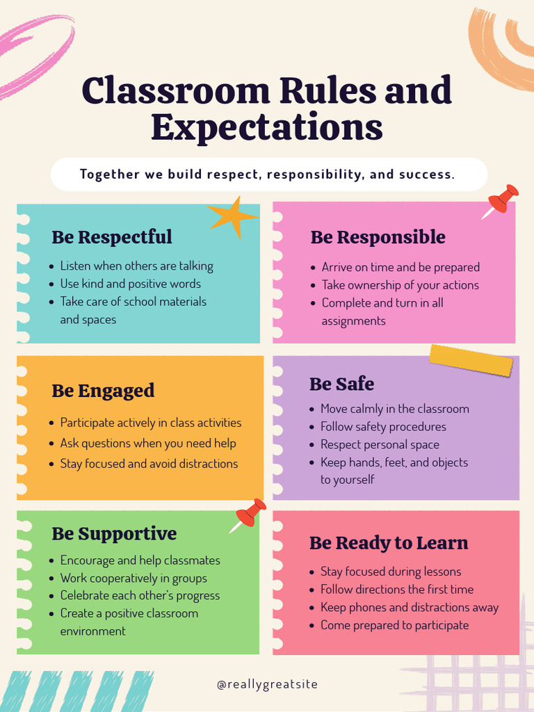 Beige and Colorful School Classroom Rules and Expectations Poster | PDF