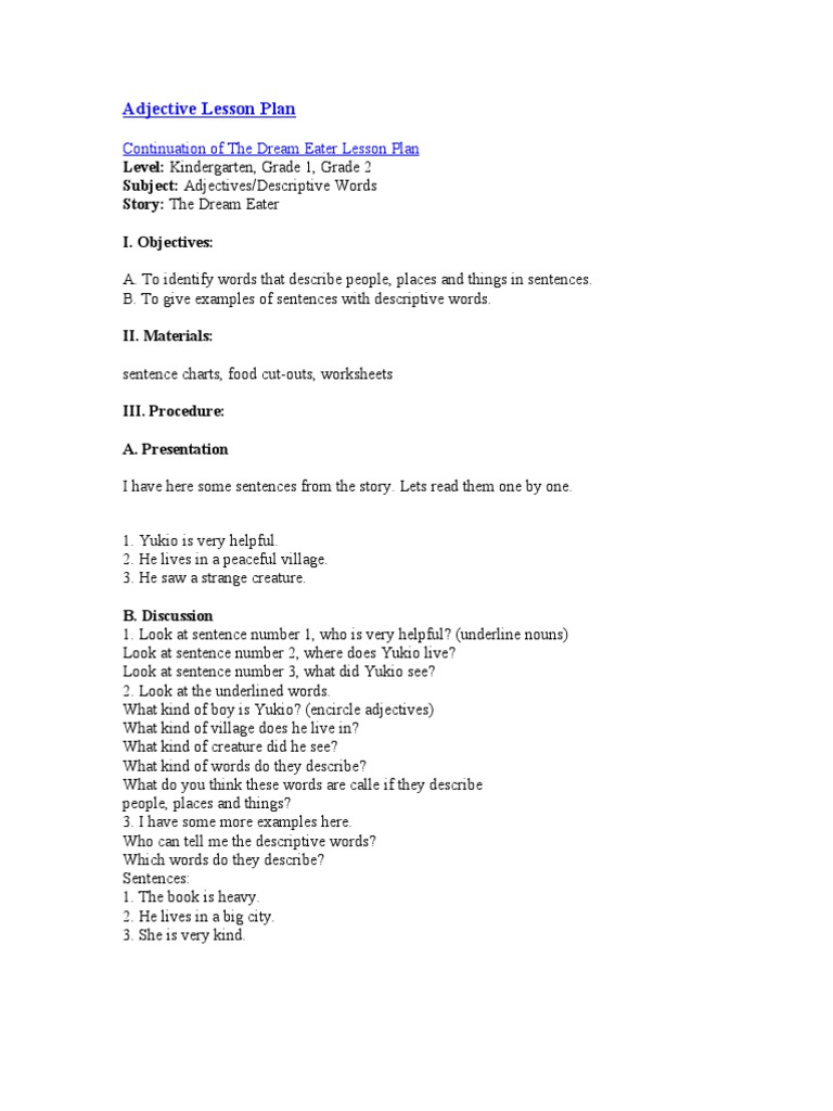 Adjective Lesson Plan | PDF | Adjective | Lesson Plan