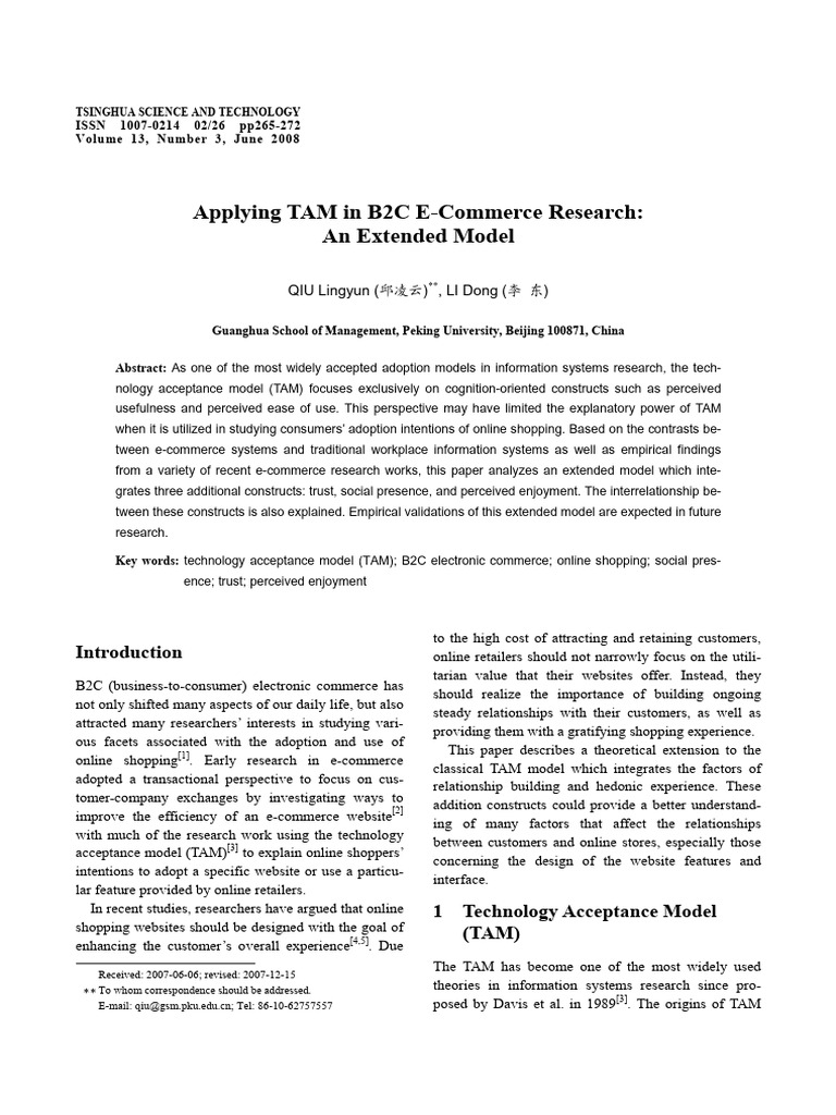 Applying TAM in B2C E-Commerce Research An Extended Model | PDF ...