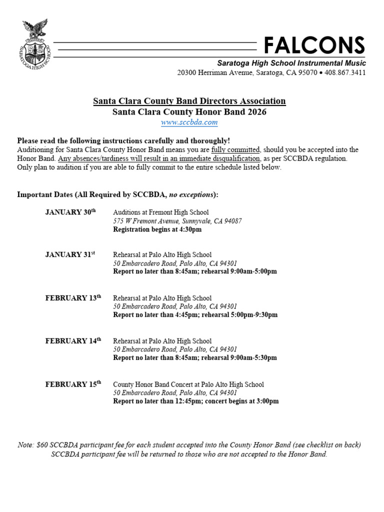County Honor Band Instructions For 2526 | PDF | Marching Bands | Music