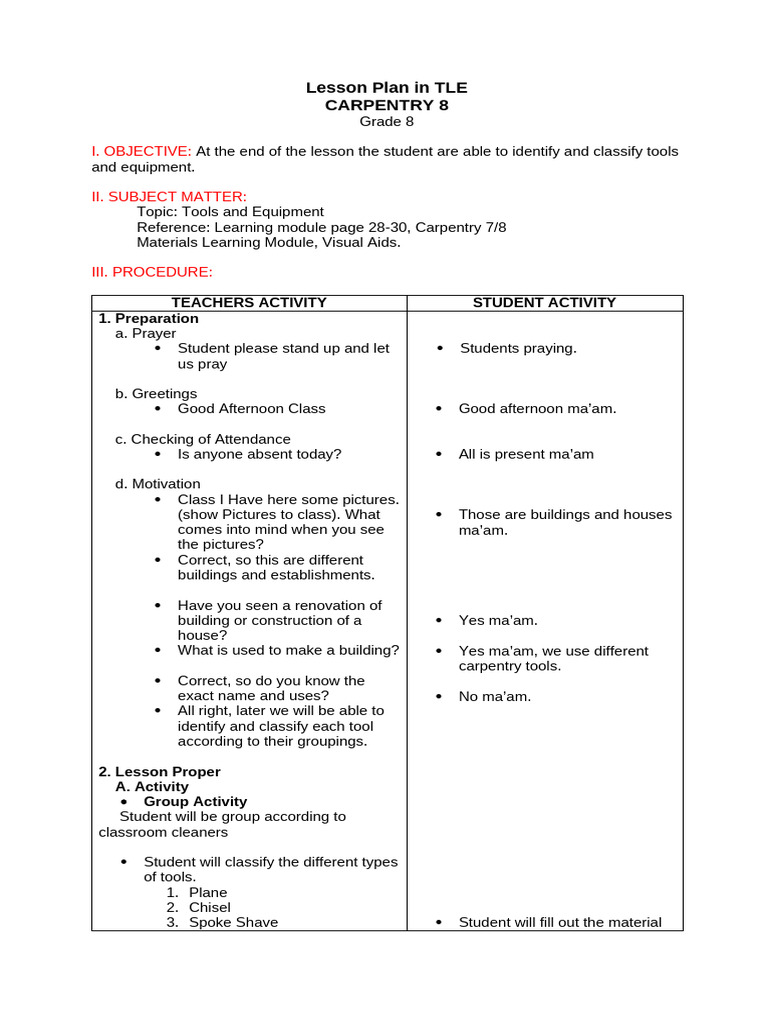 Carpentry K12 Curriculum Lesson Plan | PDF | Lesson Plan | Tools