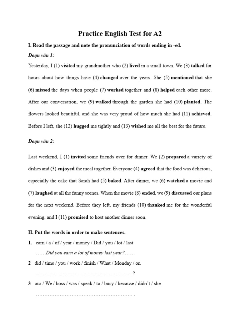 Practice English Test For A2 | PDF | Syntax | Languages