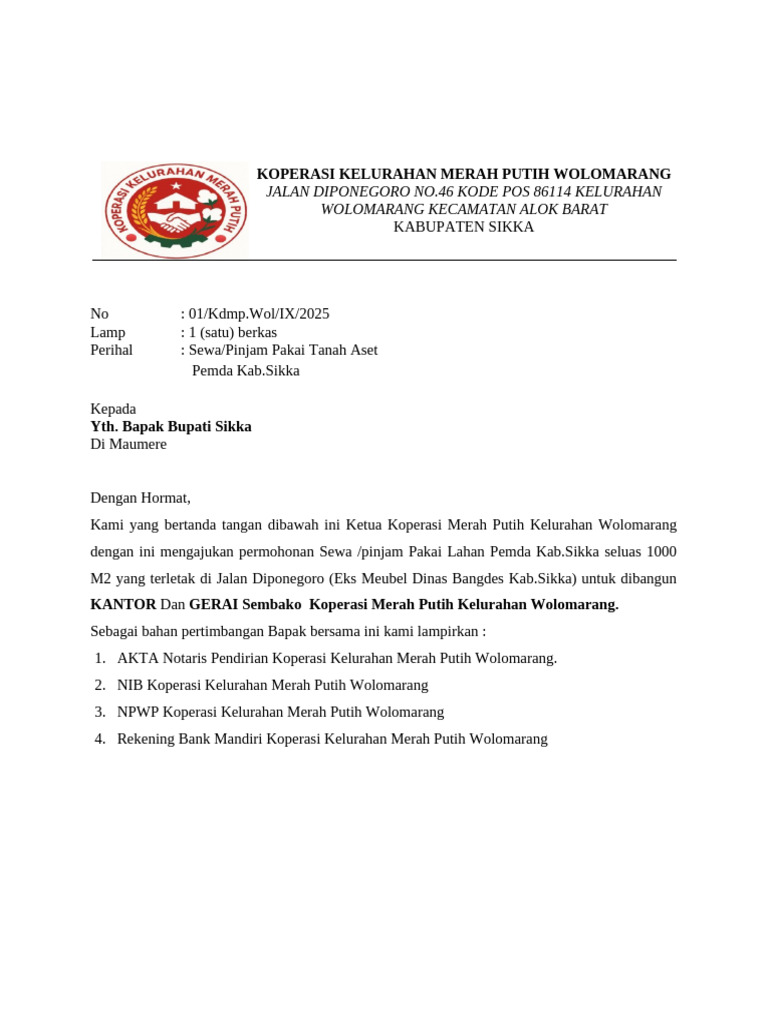 Surat Ijin Pake Lahn KDMP Wolomarang 1 | PDF