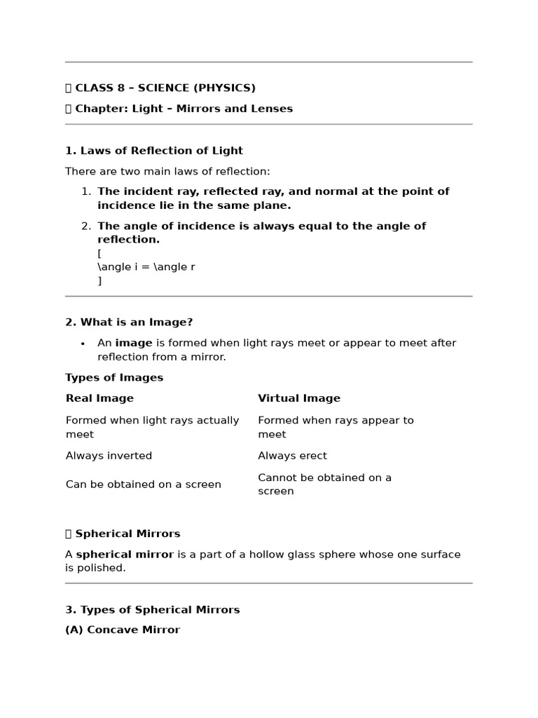 ? Class 8 Light Mirrors and Lenses | PDF | Mirror | Electromagnetic ...