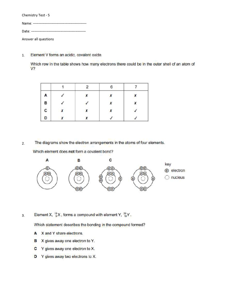 Chemistry Test - 5 Name: - Date: - Answer All Questions | PDF