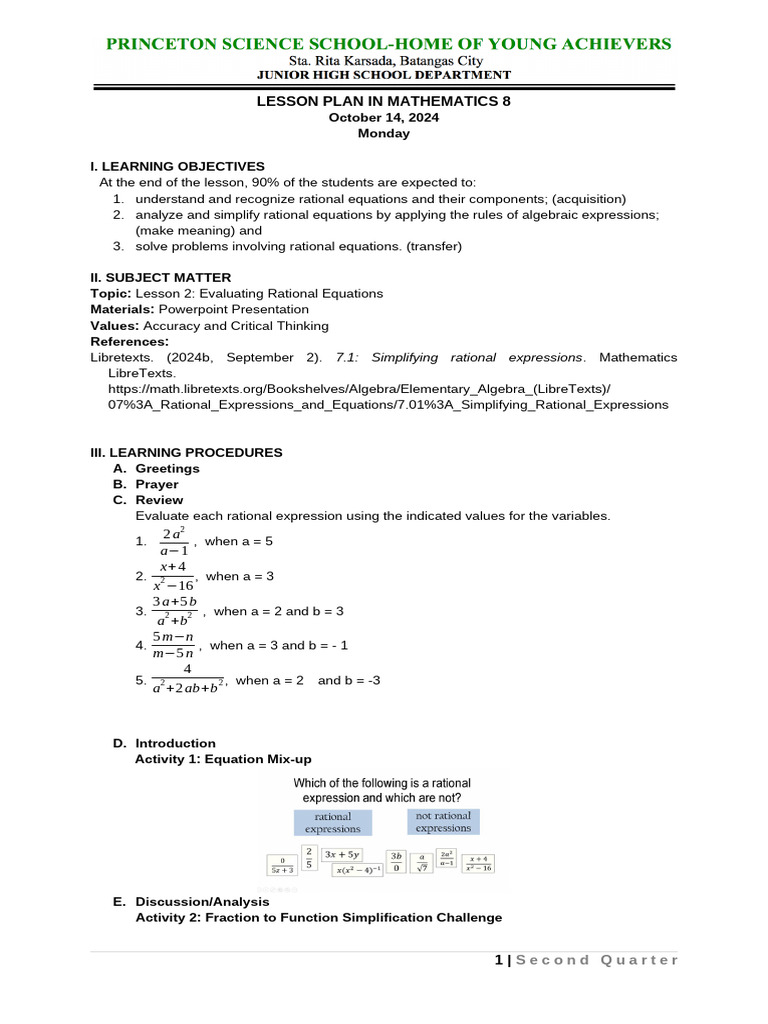 Q2 Lesson 2 Evaluating Rational Expressions | PDF | Equations ...