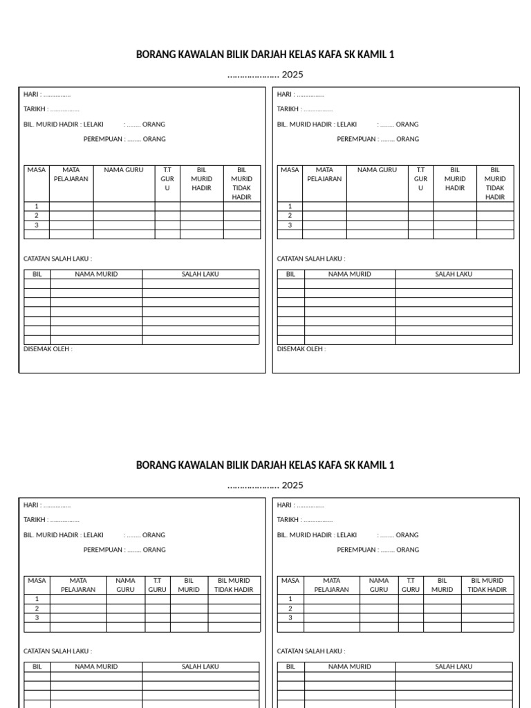 Borang Kawalan Bilik Darjah Kelas Kafa | PDF