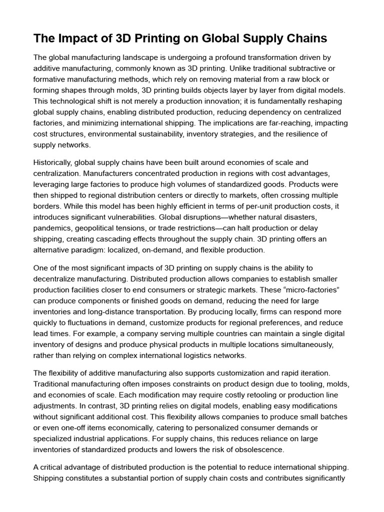 The Impact of 3D Printing on Global Supply Chains | PDF | 3 D Printing ...