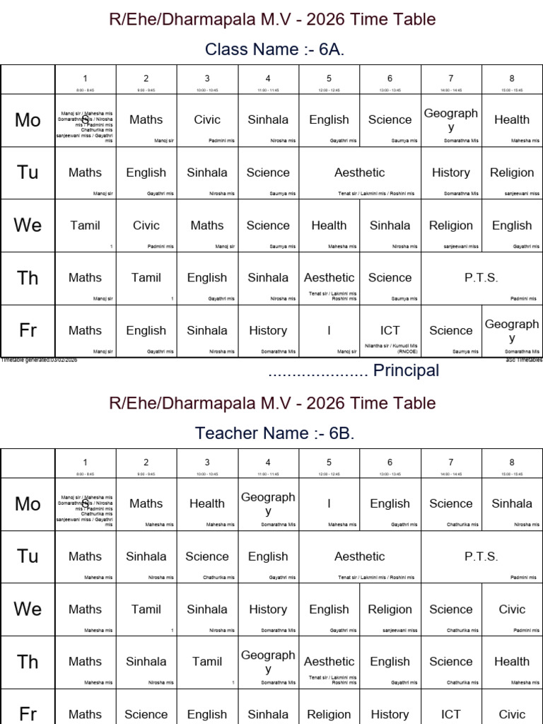 2026 Class Time Table | PDF | Languages Of Sri Lanka