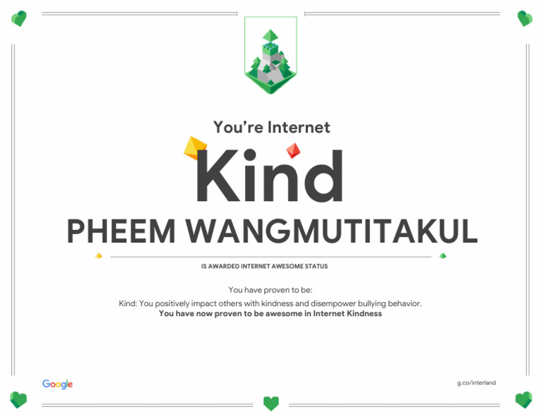 Google Interland PHEEM WANGMUTITAKUL Certificate of Kindness | PDF